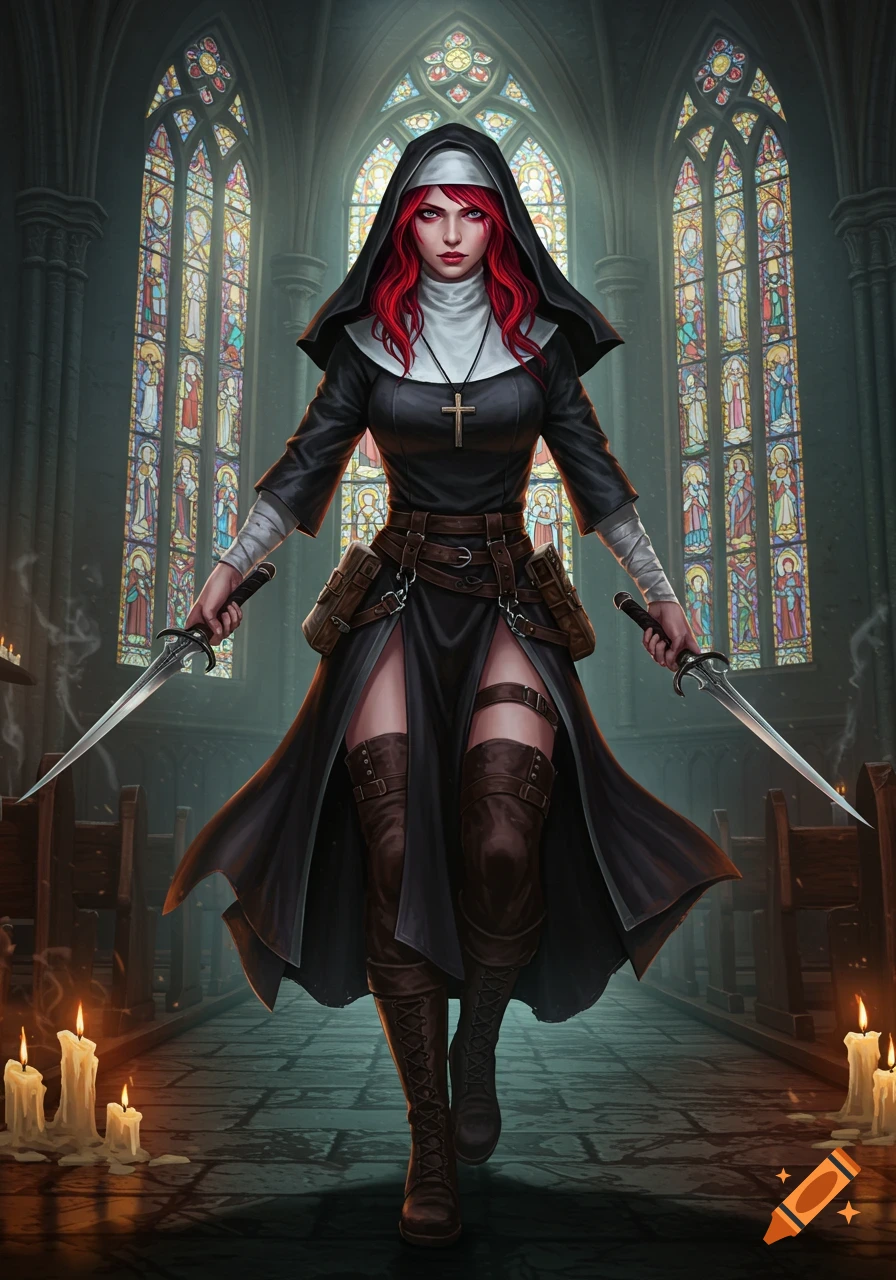 A fierce red-haired nun in a black habit with high slits and combat ...