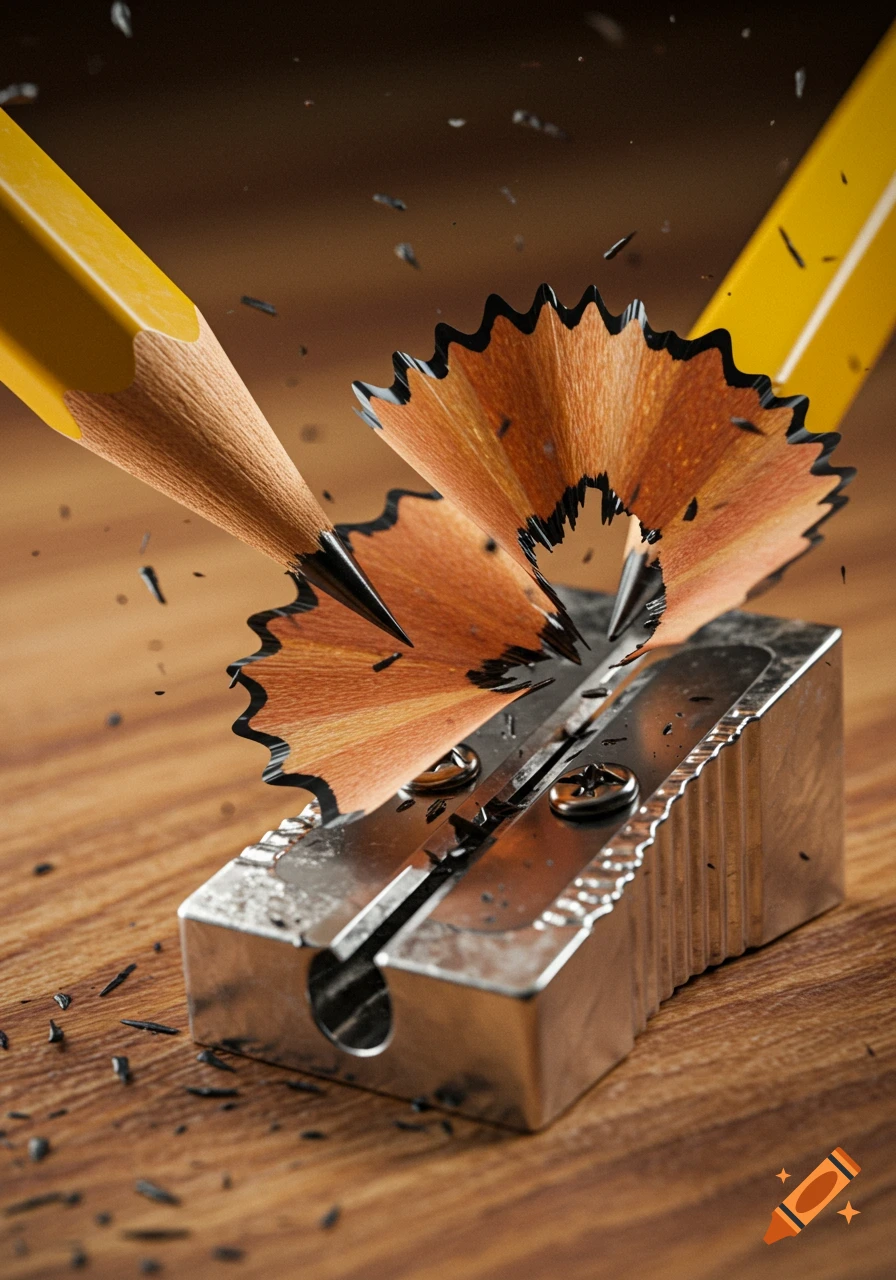 A yellow pencil is sharply focused as it gets sharpened in a metal ...