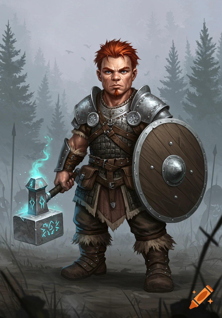 A sturdy fantasy halfling warrior with red hair and beard, wearing ...