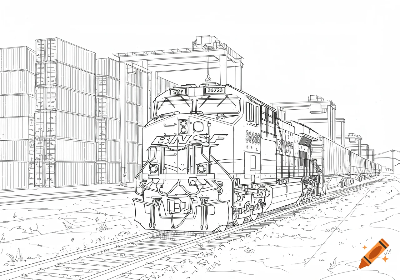 Line art drawing of a BNSF freight train with double-stack cars in a ...