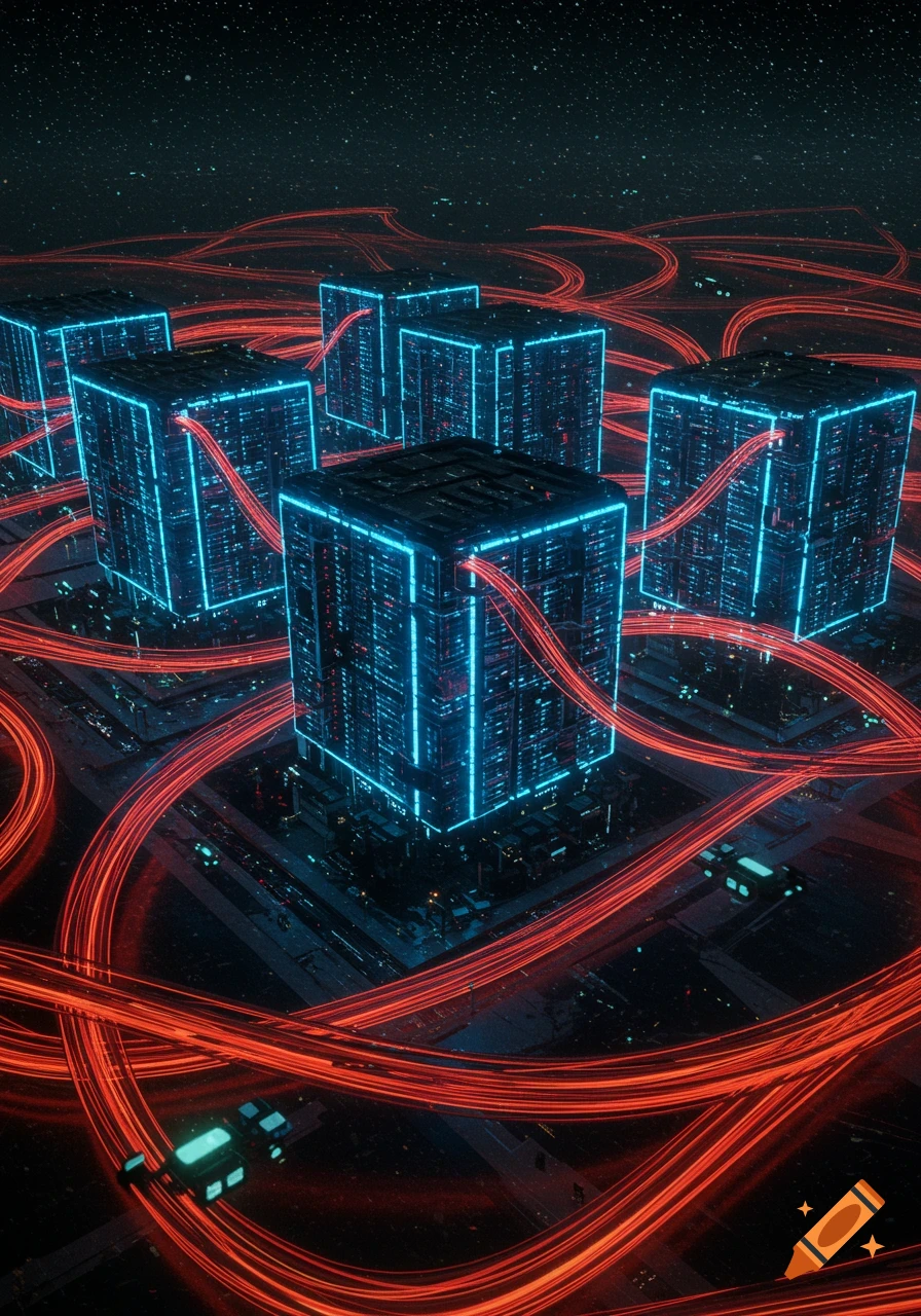 Aerial night view of glowing blue data center buildings connected by ...