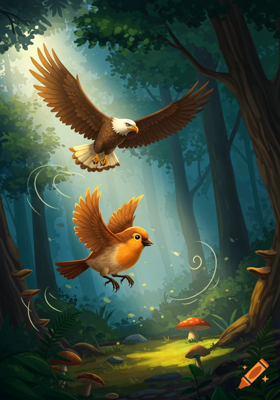 Stylized illustration of a brown eagle soaring above a smaller orange ...