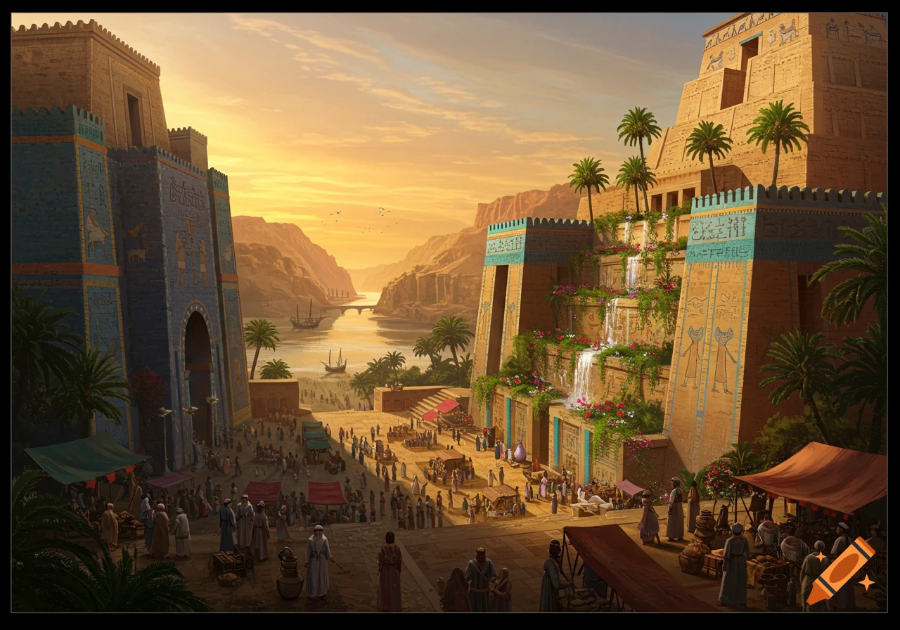 A detailed illustration of an ancient city like Babylon at sunset ...