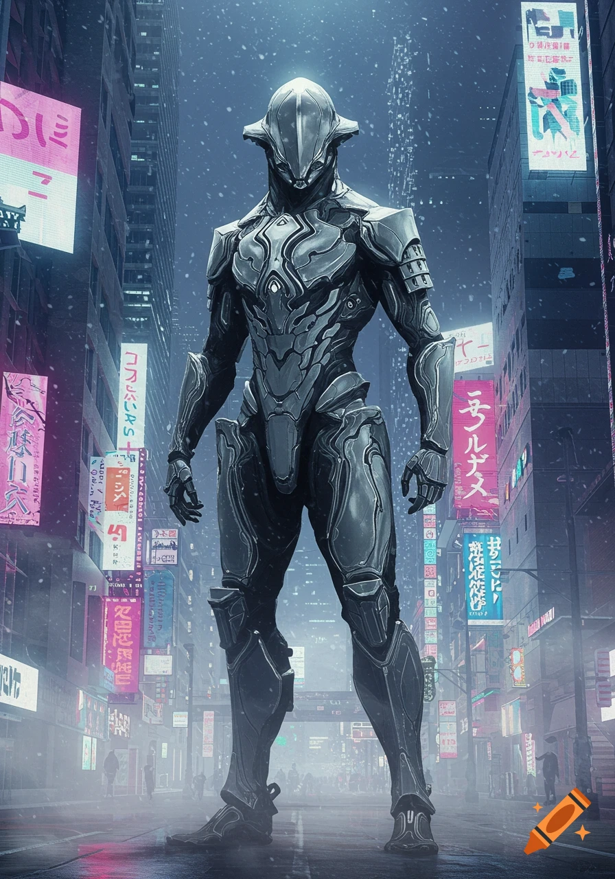 A tall, futuristic silver warframe with a faceless helmet stands in a ...