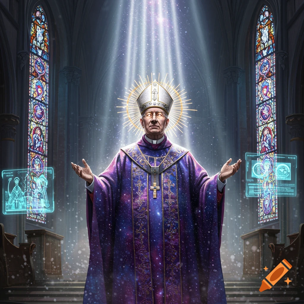 A majestic space pope with a glowing halo and galaxy-patterned purple ...