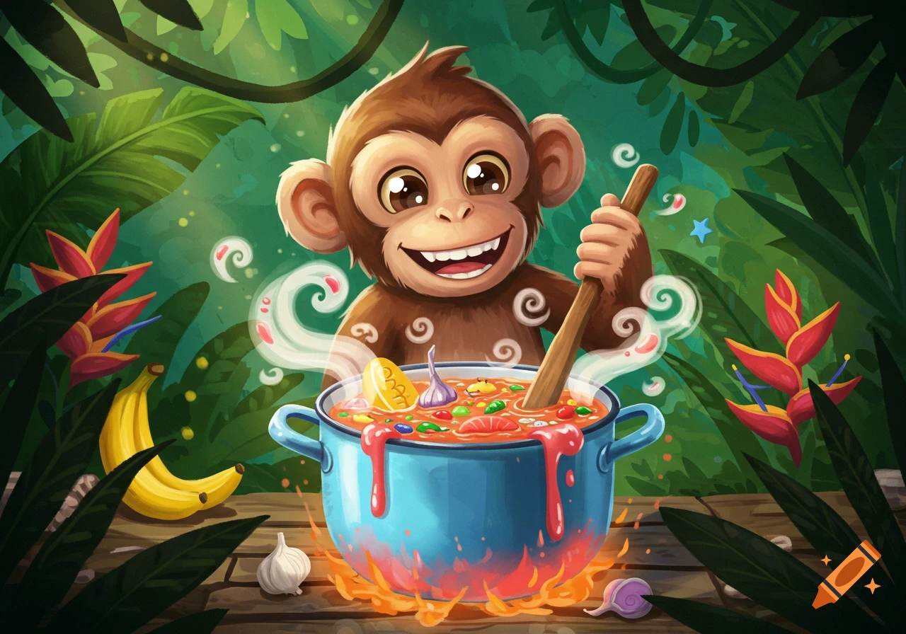A cute cartoon monkey smiles while stirring a steaming pot of colorful ...