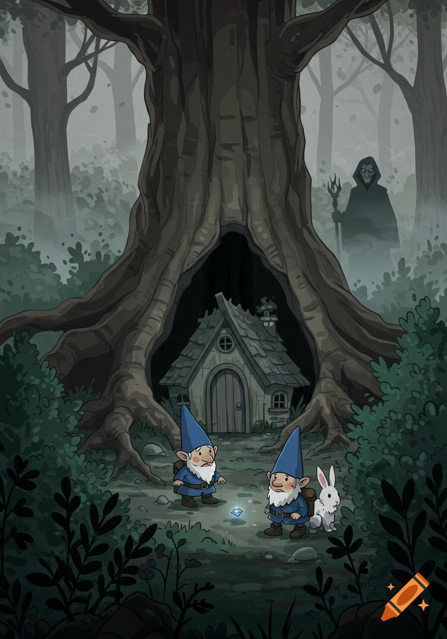Cartoon illustration of two gnomes and a rabbit by a glowing blue gem ...