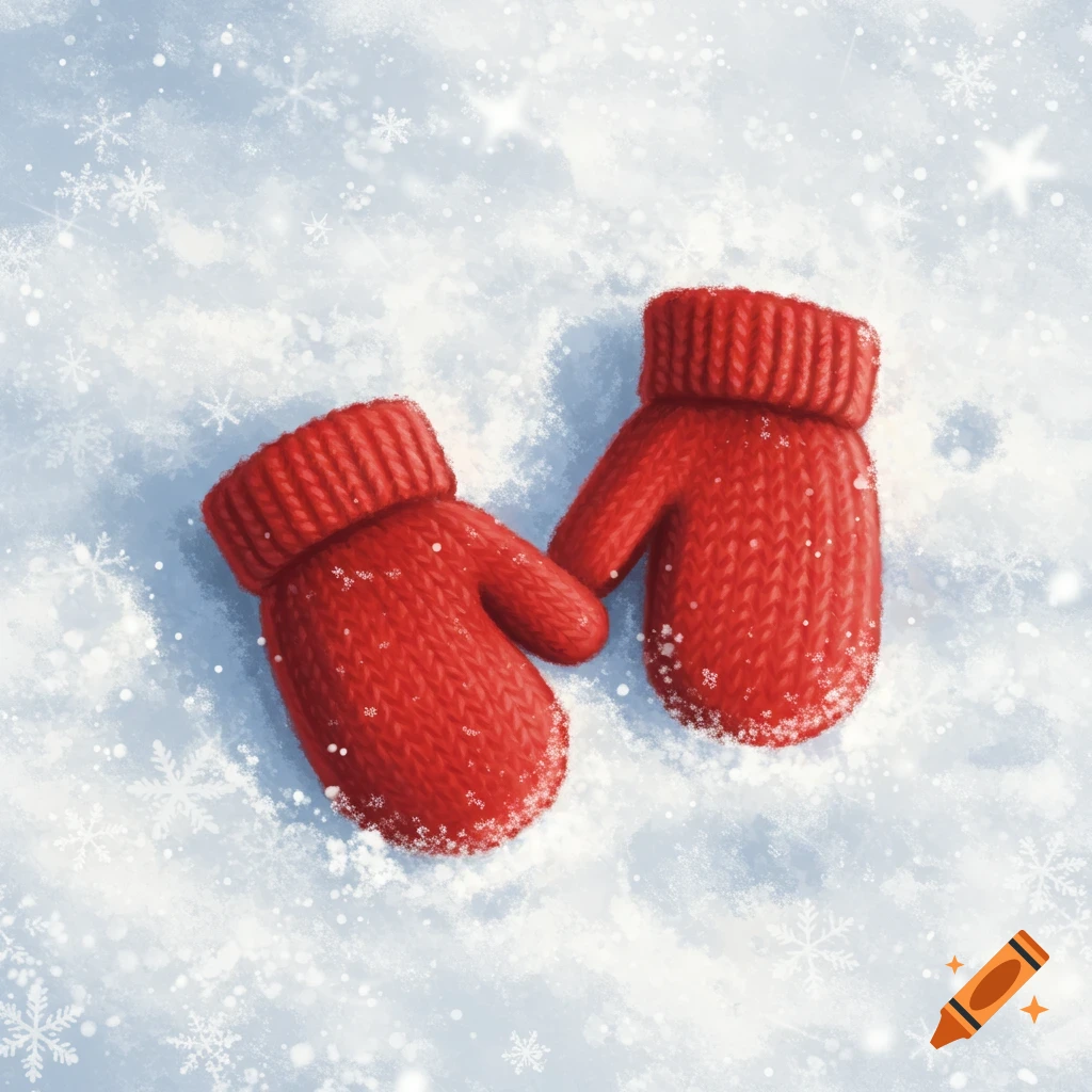 Two red knitted mittens rest closely together in a snowy landscape with ...
