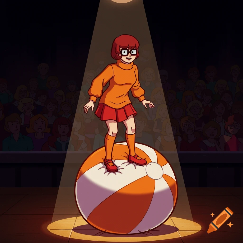 Velma Dinkley from Scooby Doo balancing on a wobbly orange and white ...