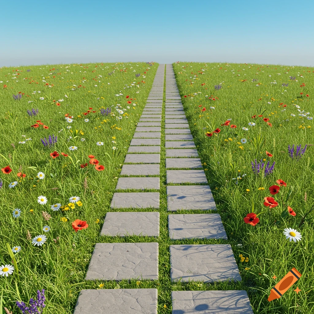Photorealistic image of a stone path leading through a vibrant green ...