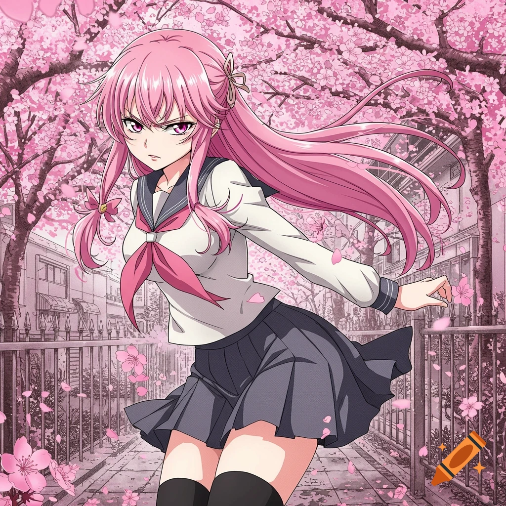 An angry anime girl with long pink hair and purple eyes, wearing a ...