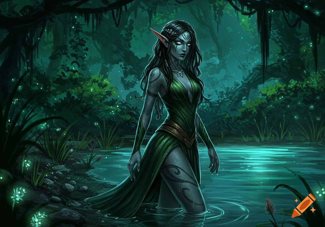 A dark elf with glowing eyes and long dark hair, wearing a green dress ...