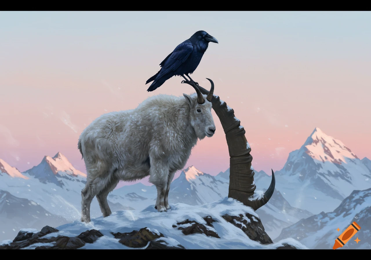 A mountain goat stands on a snowy peak with a raven perched on its horn ...