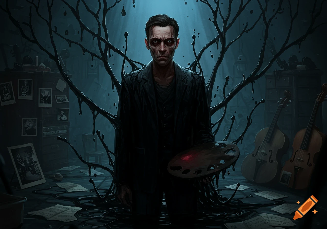 A gaunt man with unsettling white eyes and slicked-back hair is covered ...