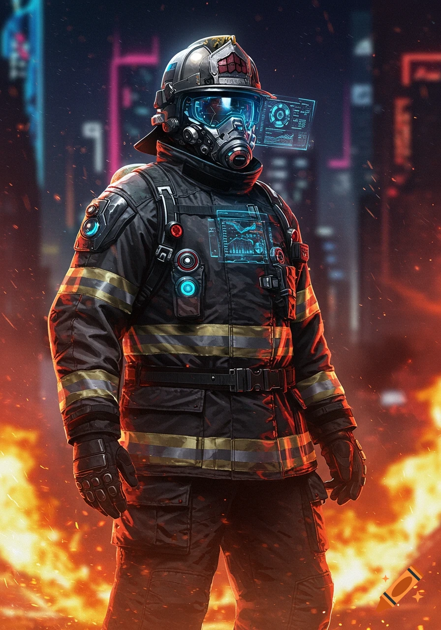 A futuristic firefighter in advanced gear, featuring glowing blue data ...