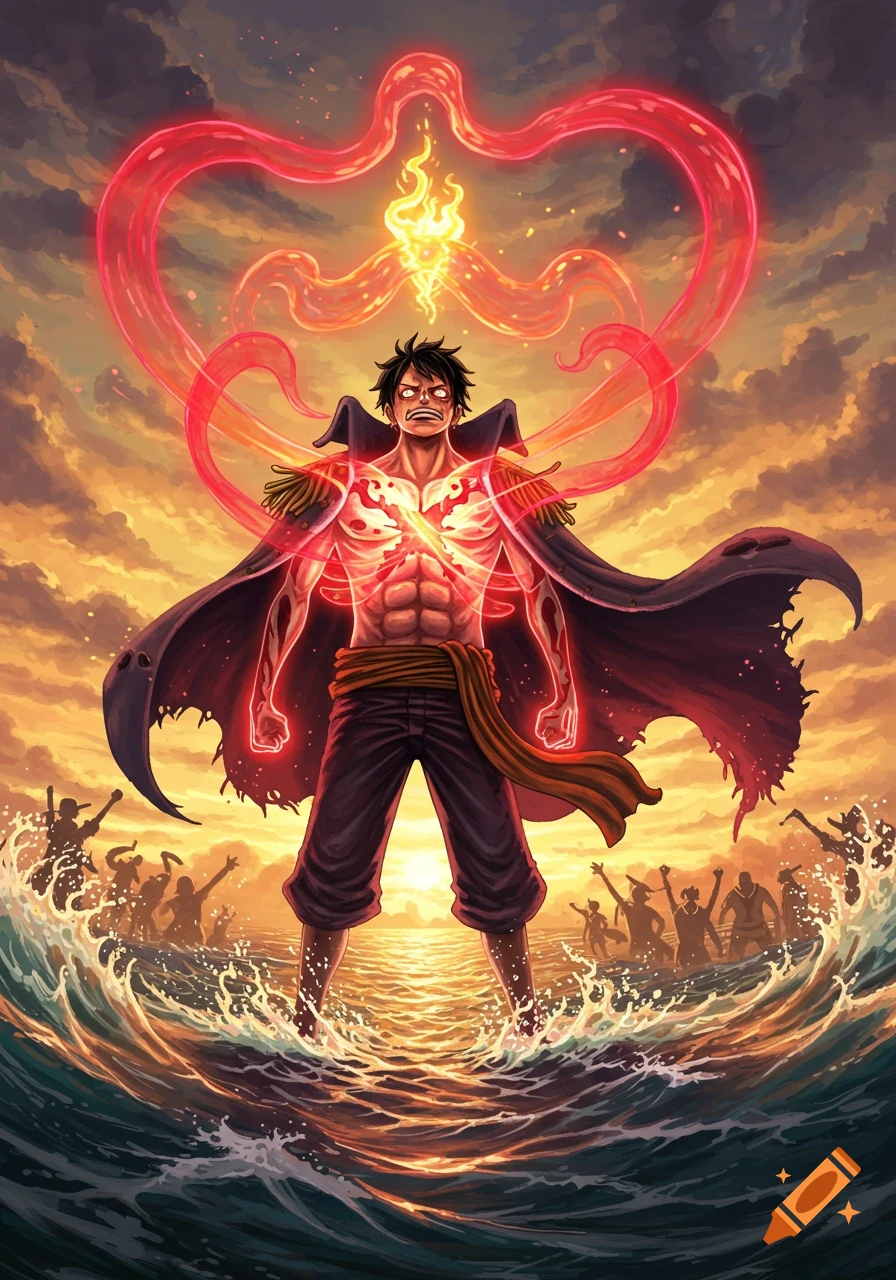A powerful anime character, Monkey D. Luffy, with glowing red markings ...