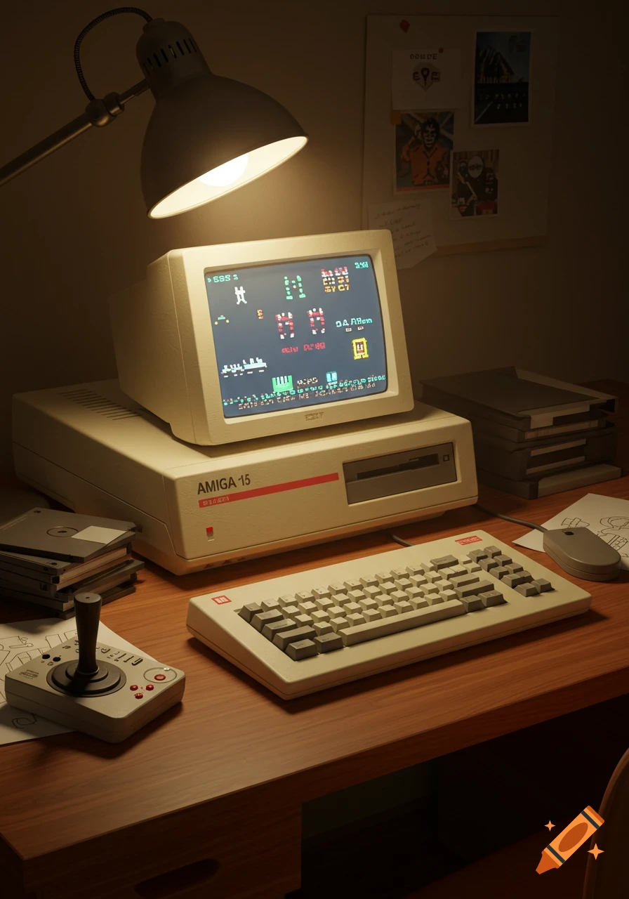 A retro computer setup on a desk, with an Amiga-style monitor ...