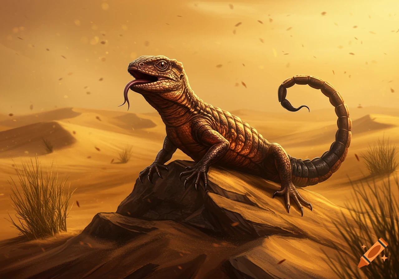 A detailed brown scorpion-lizard hybrid creature stands on a rock in a ...