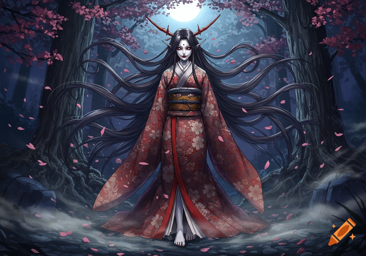 Anime harionago in a red floral kimono, with long dark hair and horns ...