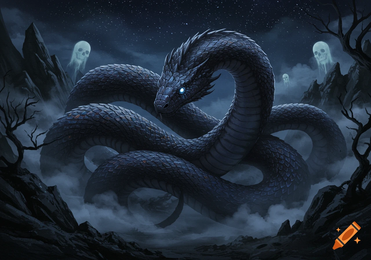 A huge dark serpent with glowing blue eyes coils in a misty, star-lit ...