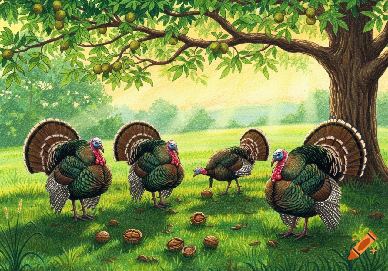 Crayon drawing of four turkeys under a walnut tree in a sunny, grassy ...