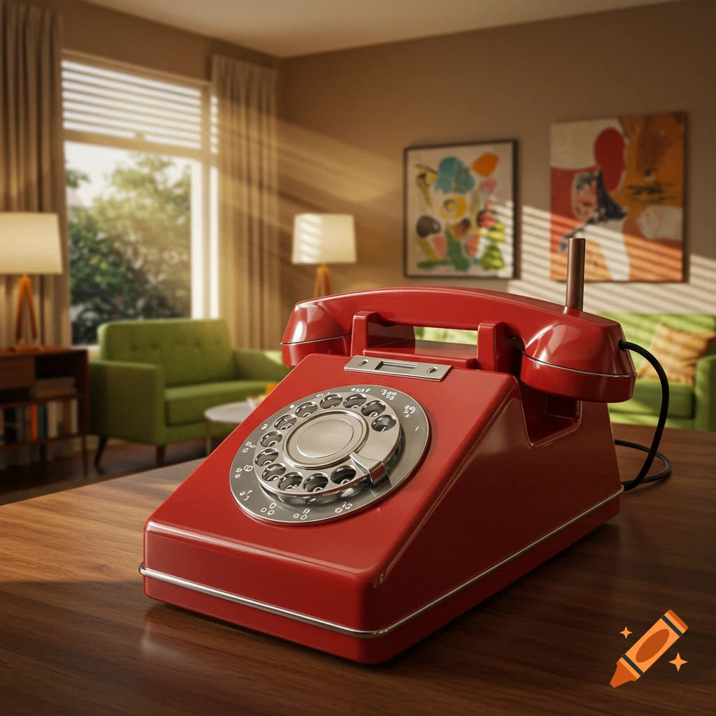 A red vintage rotary telephone sits on a wooden table in a sunlit ...