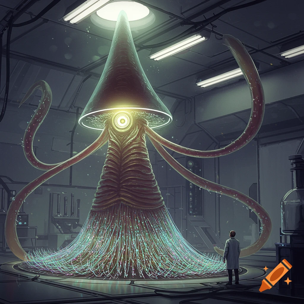 A scientist views a glowing, conical alien creature with long tentacles ...