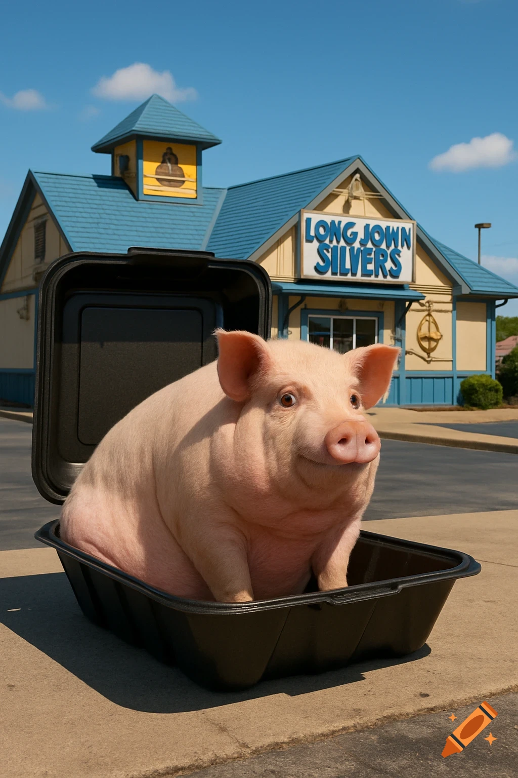 A large, light pink pig sits inside an oversized black takeout ...