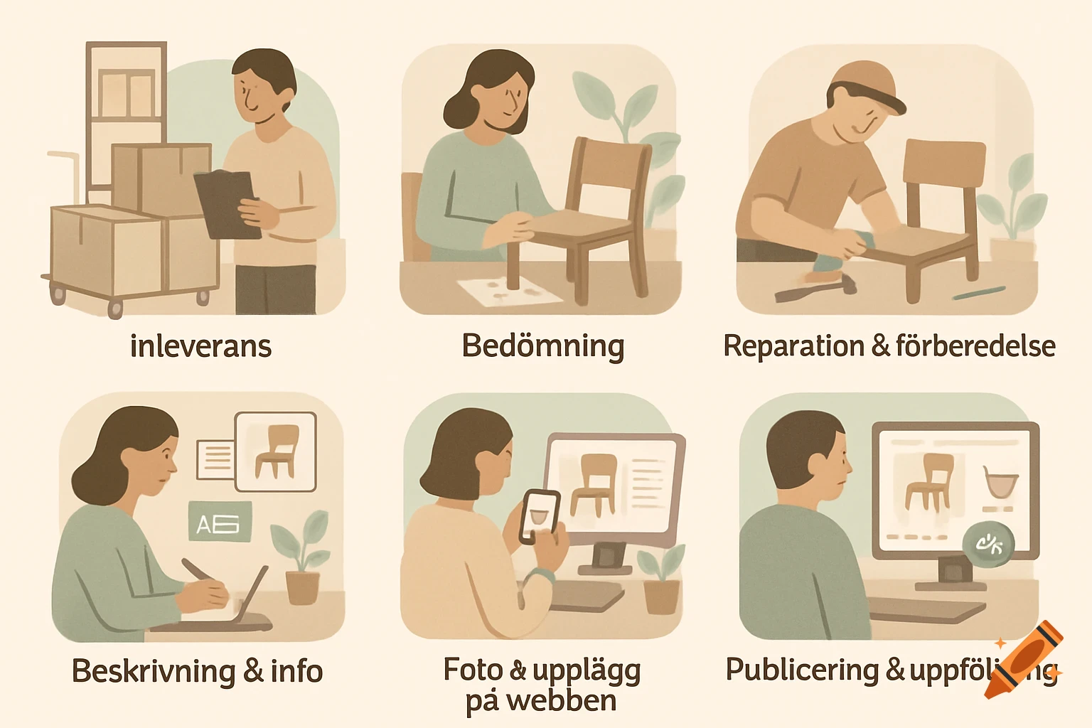 A six-panel illustrated guide in a soft, modern flat style, showing the ...