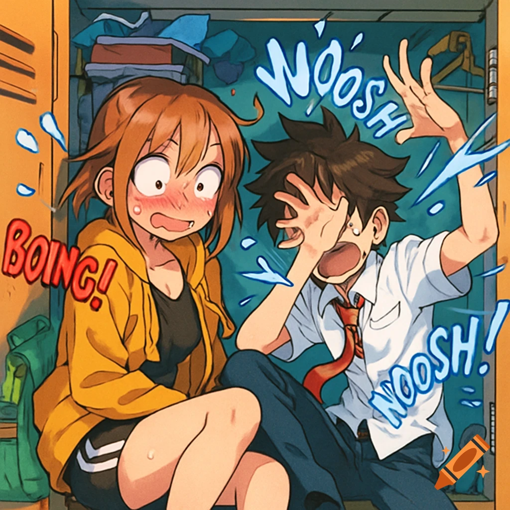 Anime style illustration of two embarrassed teenagers cramped in a ...