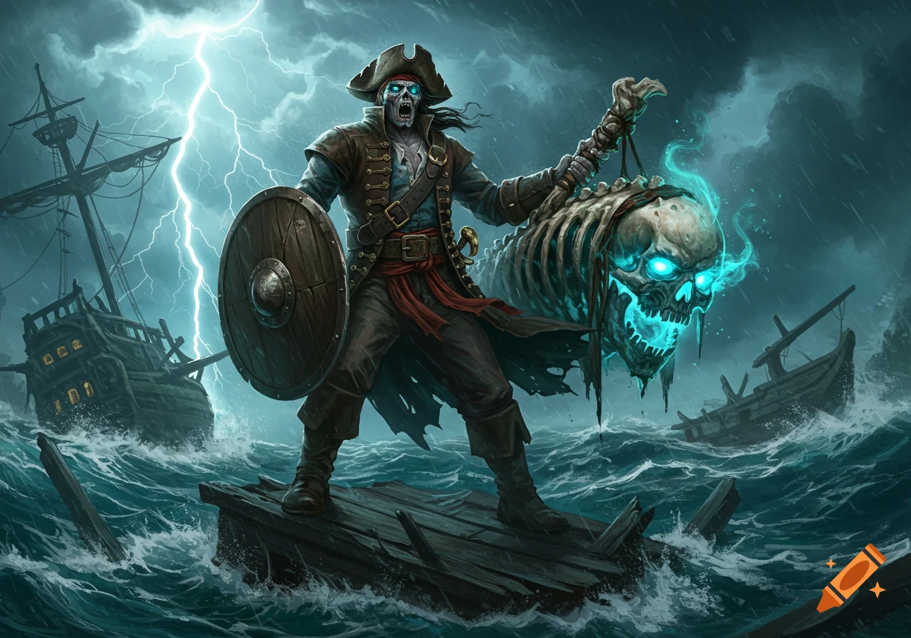 Undead pirate with a shield and a glowing skull carcass stands on ...