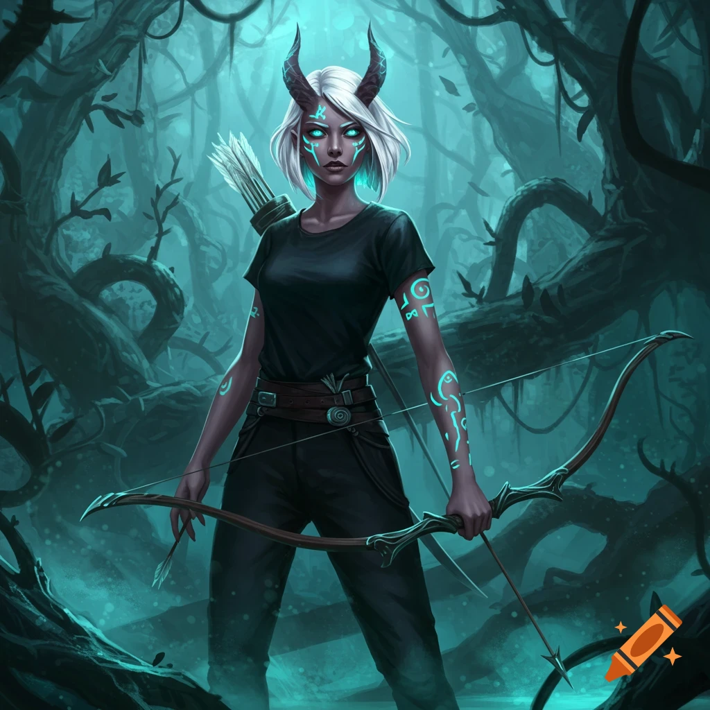 A white-haired demon hunter with horns and glowing turquoise patterns ...