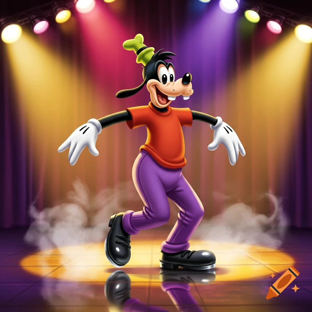 Goofy in a red t-shirt, purple pants, and tap shoes dances on a ...