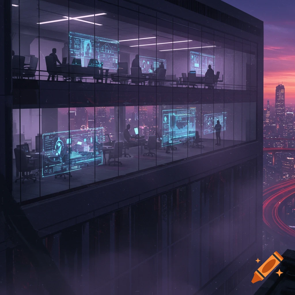 A futuristic office building at dusk overlooks a sprawling city, with ...