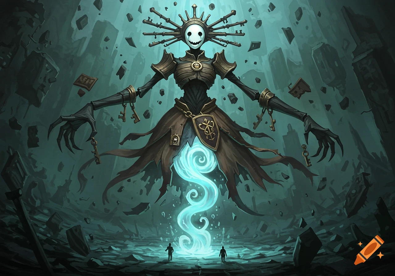 A tall, skeletal, doll-like entity with a mask-like face, keys, and a ...