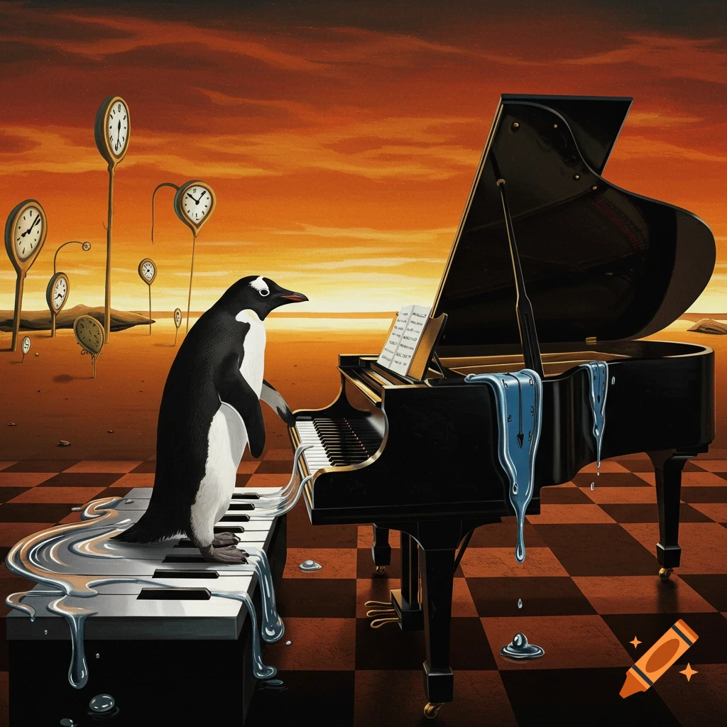 A penguin plays a melting grand piano on a checkered desert ground with ...