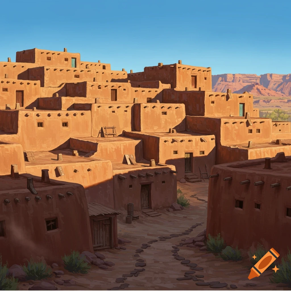 A vibrant illustration of a tiered pueblo village with adobe buildings ...