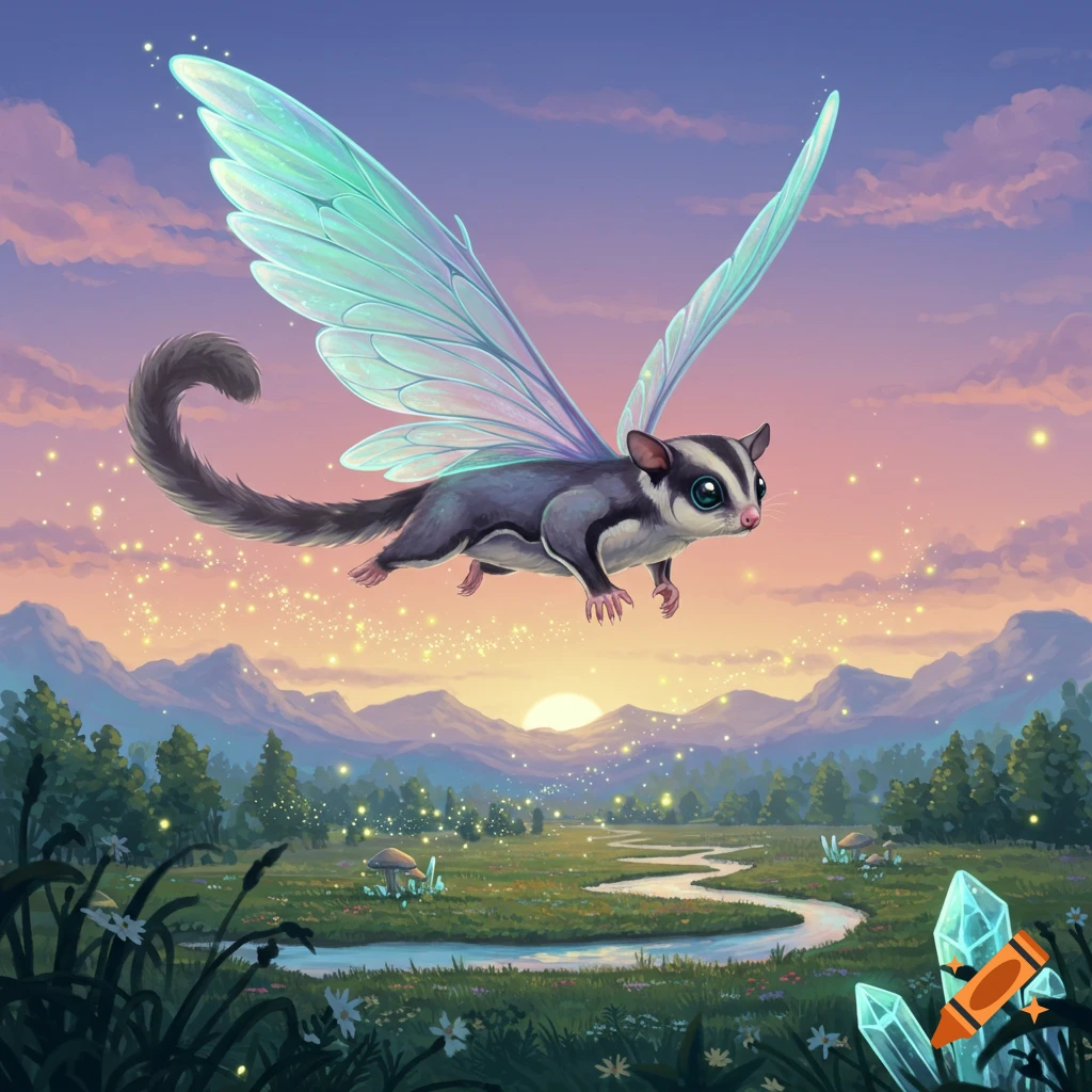 An illustrated fantasy sugar glider with iridescent wings flies over a ...