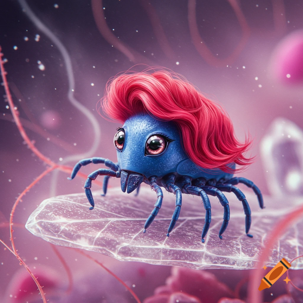 A cute, blue, cartoon tick-like creature with big eyes and vibrant red ...