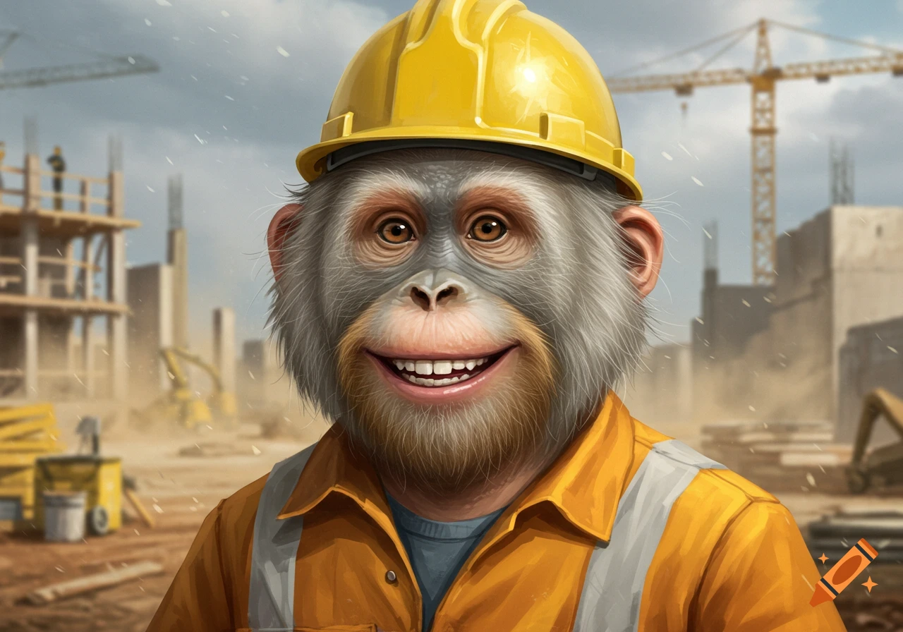 Smiling anthropomorphic ape in a yellow hard hat and orange ...