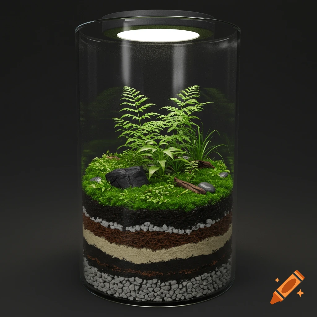 A photorealistic cylindrical glass terrarium featuring lush green ...