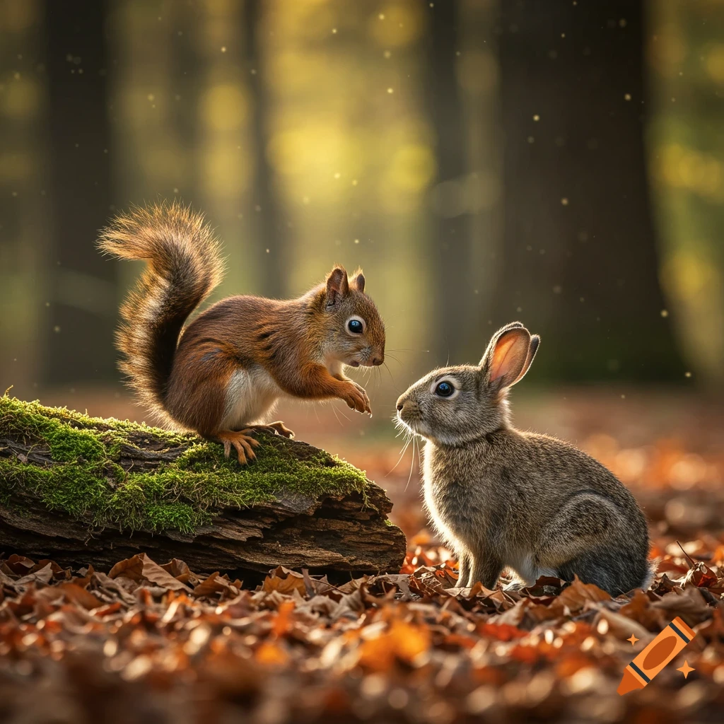 A photorealistic squirrel and a rabbit interacting on a mossy log ...
