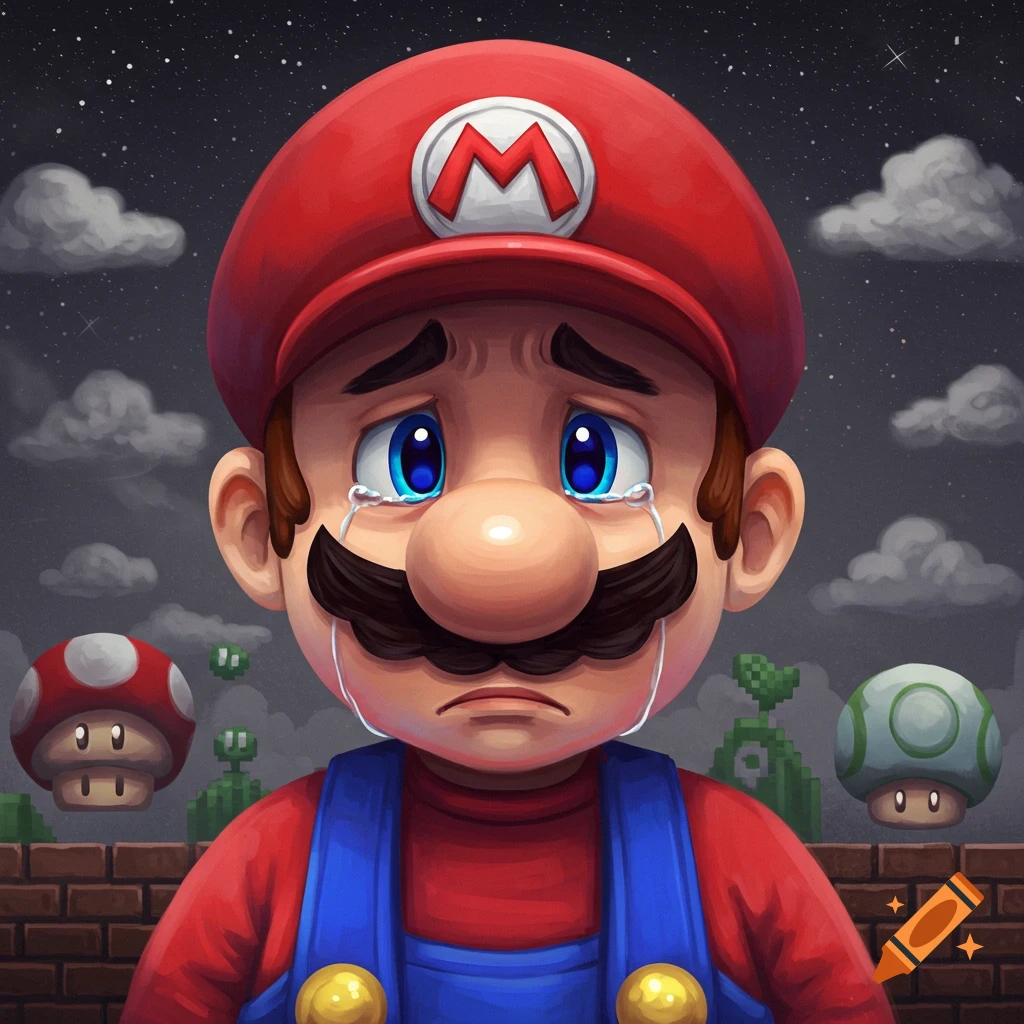 Close-up of a sad, crying Mario with tears streaming down his face, set ...