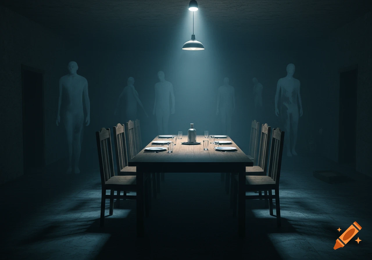 A long dining table with chairs and place settings, brightly lit by an ...