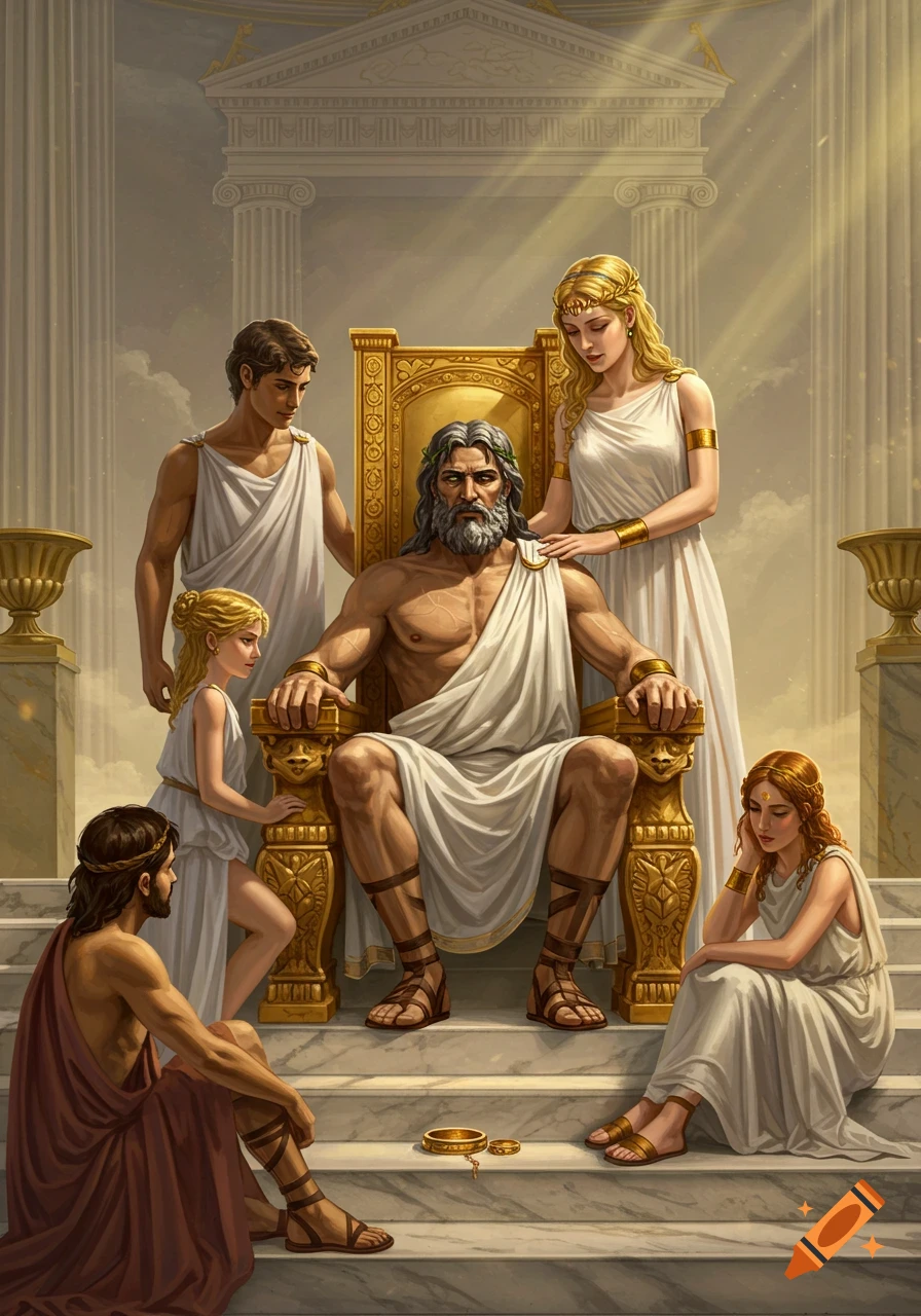 Zeus on a golden throne, surrounded by other gods and goddesses on ...