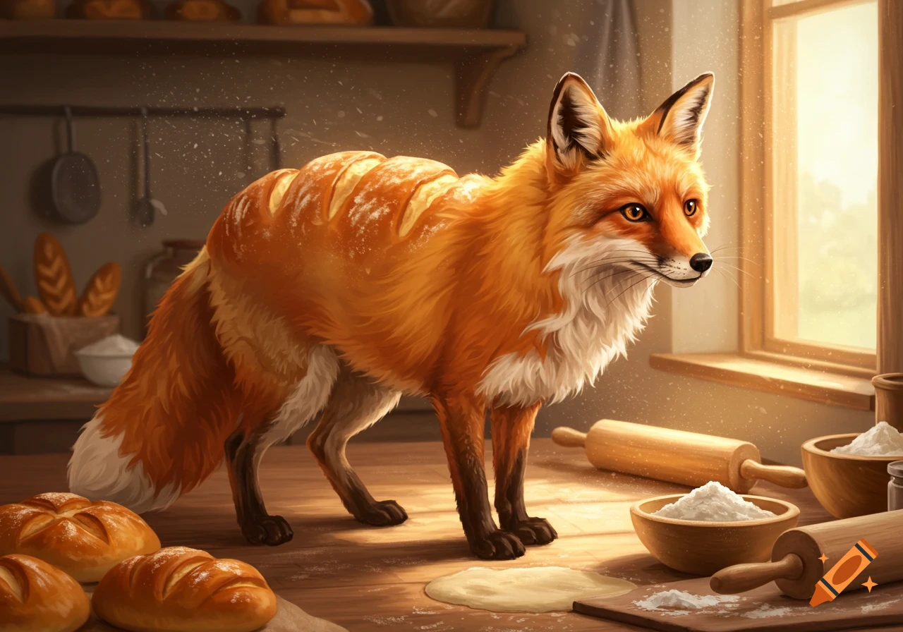 A stylized fox with a crusty bread loaf for a back stands on a flour ...