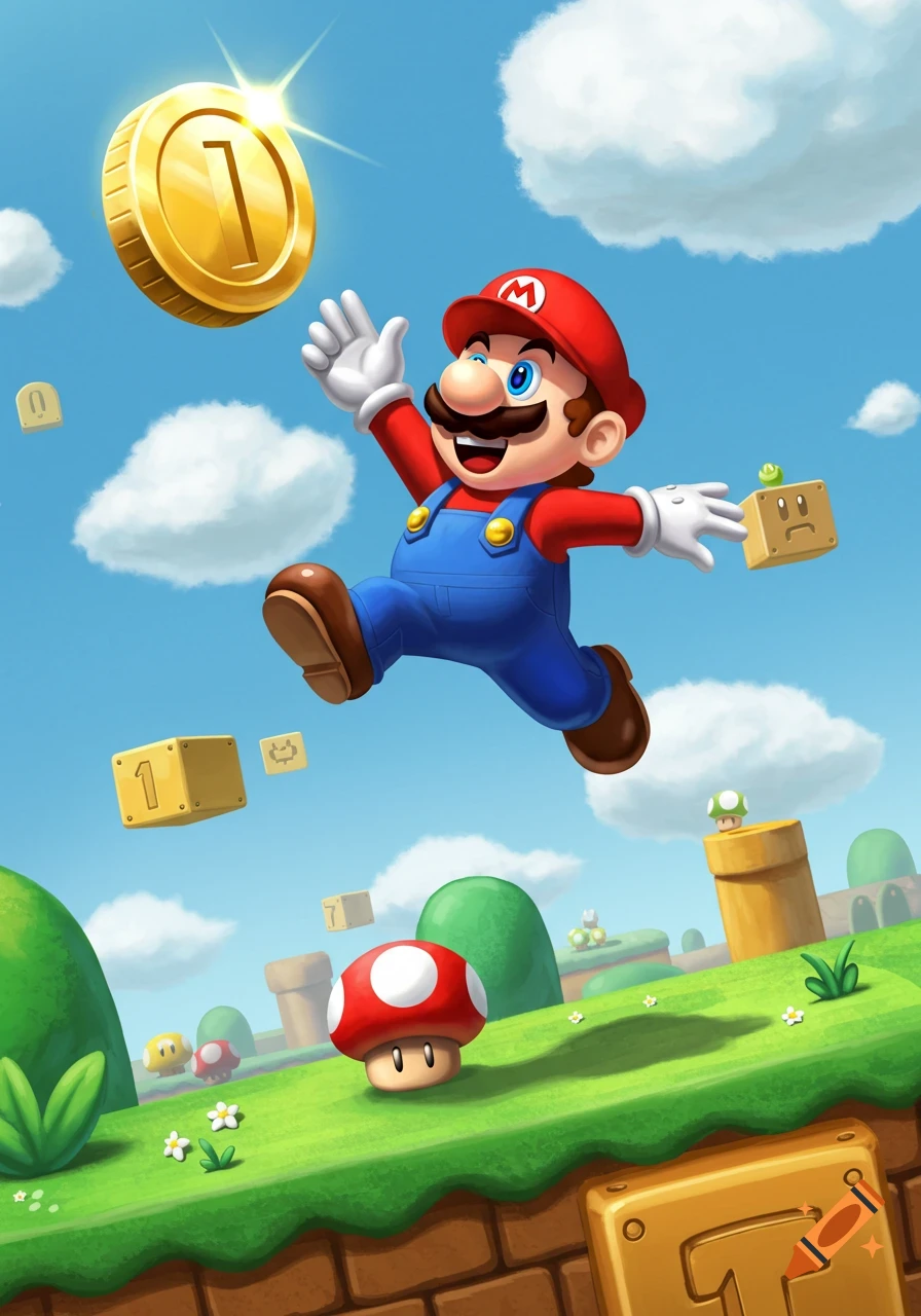 Mario jumps to collect a sparkling gold coin in a vibrant, cartoonish ...