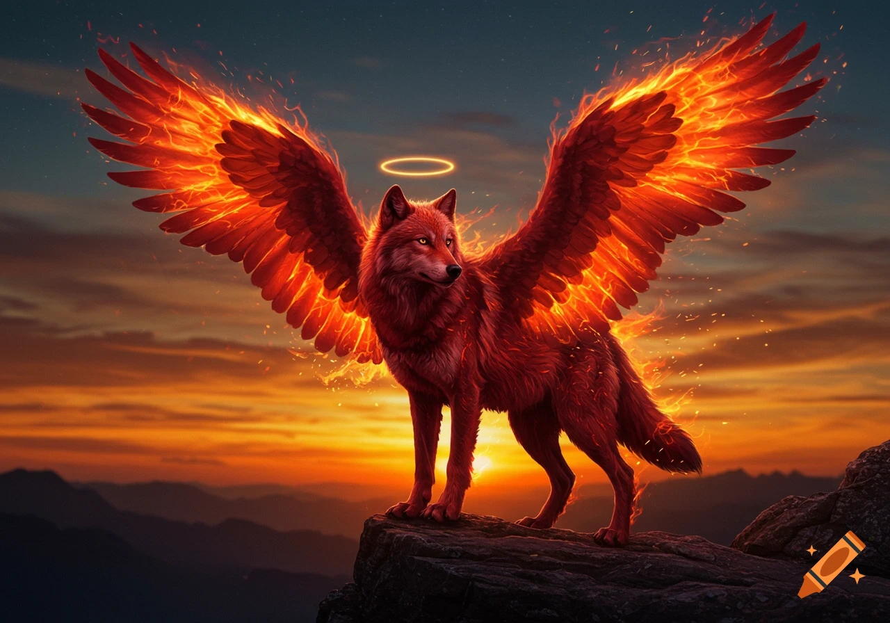 A majestic red wolf with fiery wings and a glowing halo stands on a ...