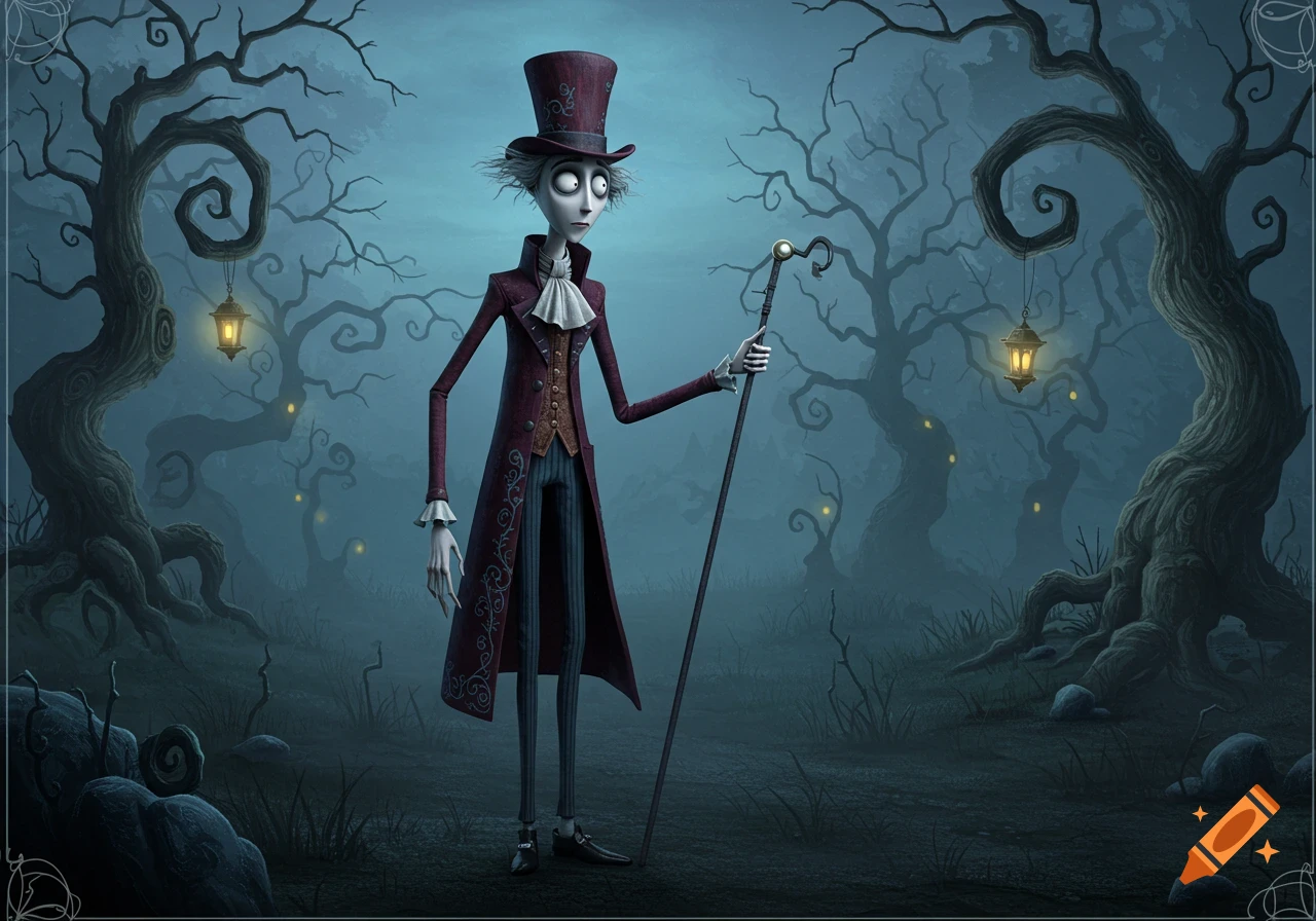 A gaunt, stylized character in a top hat and long coat stands in a dark ...