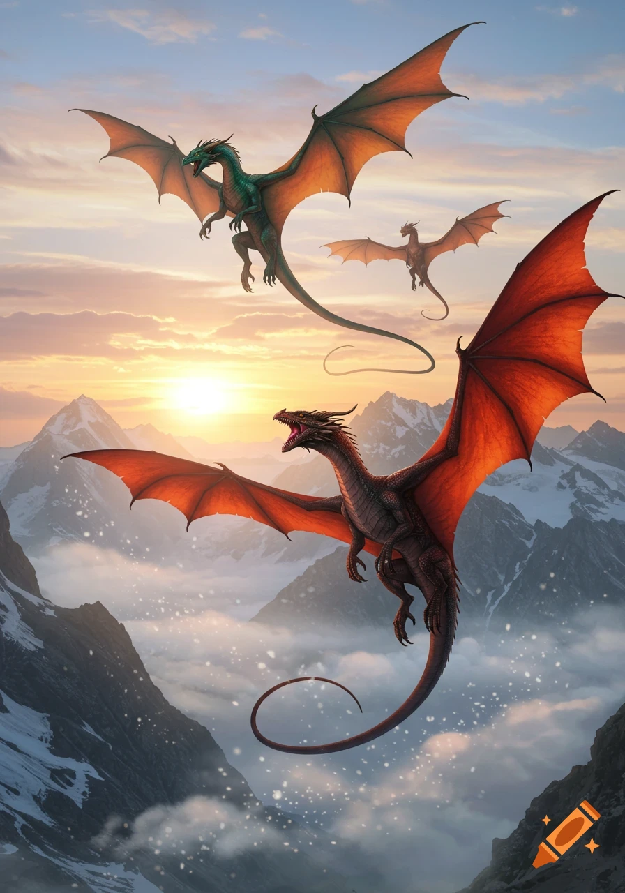 Three large dragons with red and green wings flying above snow-capped ...